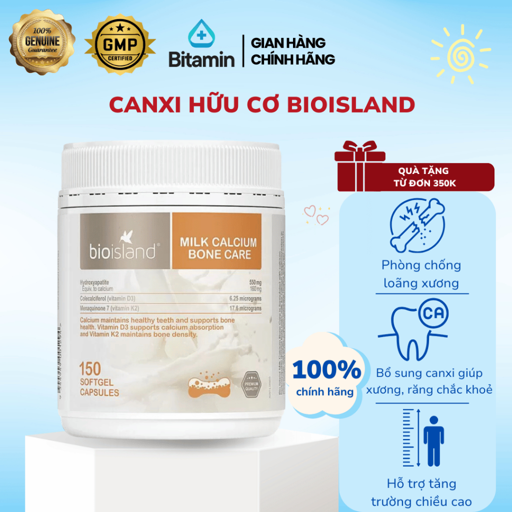 Canxi hữu cơ Milk Calcium Bone Care Bioisland Úc, canxi người lớn tăng chiều cao (90v/150v ...