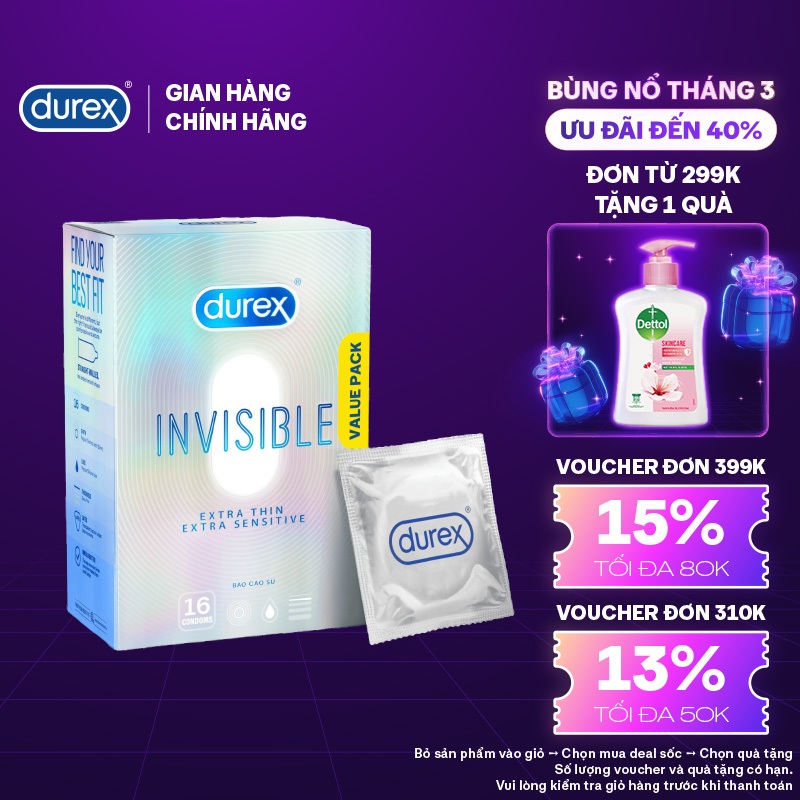 Bao Cao Su Durex Invisible Siêu Mỏng, Size 52 mm, Hộp 16 Bao Mới Ra Mắt ...