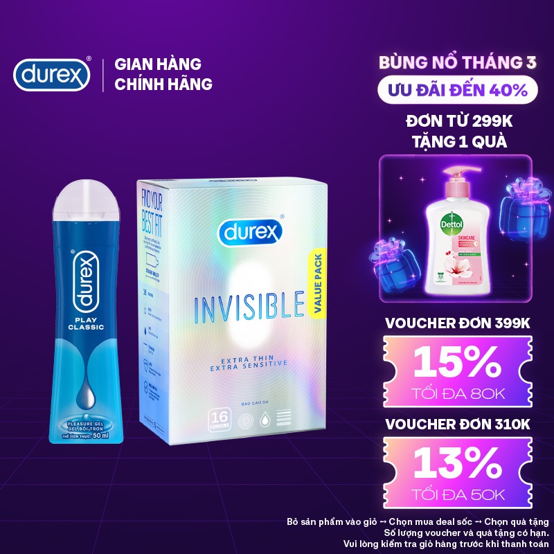 Combo Durex Invisible siêu mỏng hộp 16 bao và Gel bôi trơn Durex Play ...