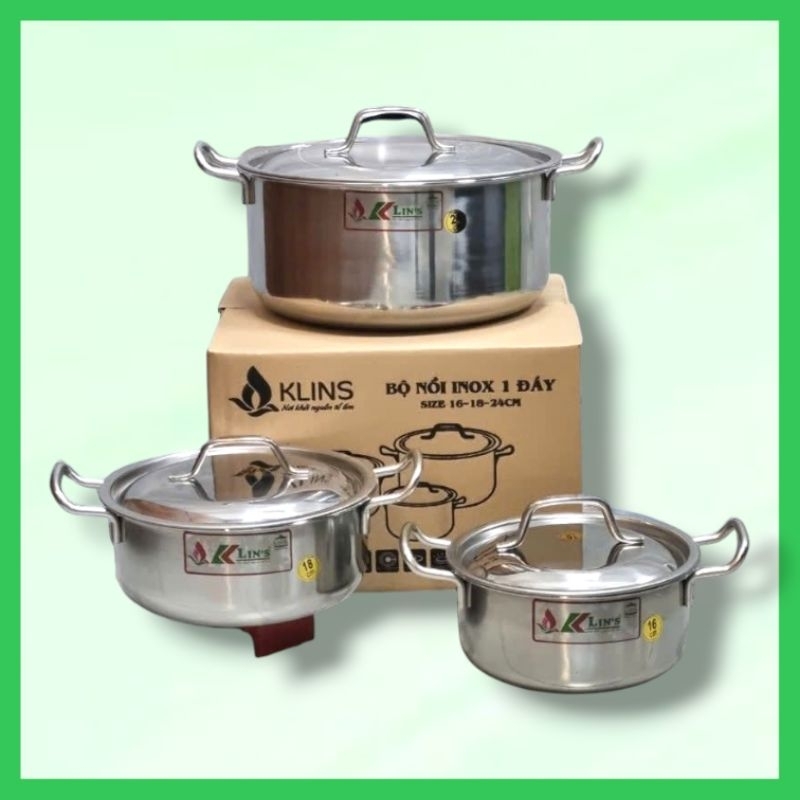BỘ 3 NỒI INOX 1 ĐÁY KLINS (16-18-24CM) Quai Hàn siêu bền chính hãng | Shopee Việt Nam