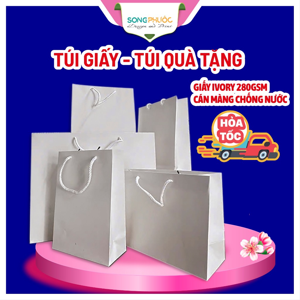 Túi giấy Trắng trơn, có quai, giấy Ivory 280gsm, cán màng, cứng cáp ...