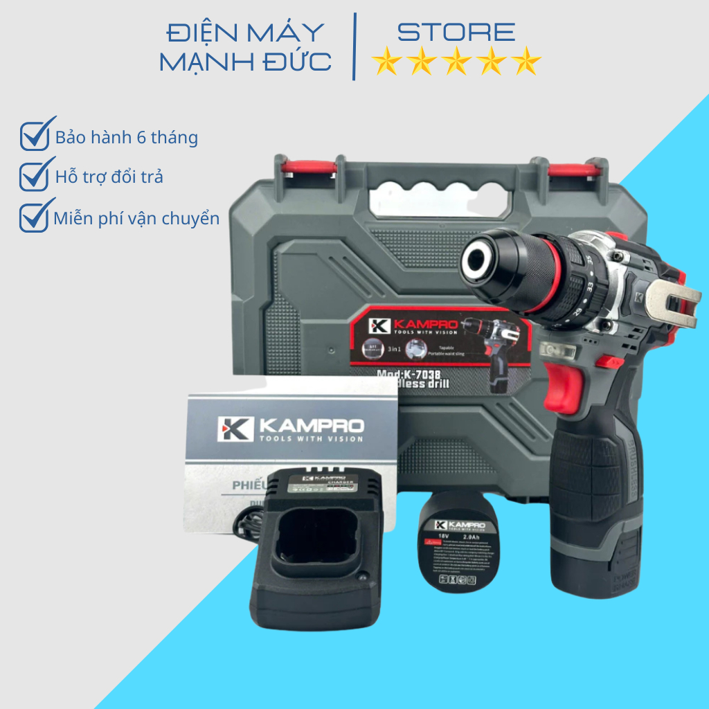 Máy Khoan Pin Kampro K-7038, 3 Chức Năng, Động Cơ Không Chổi Than, Đầu ...