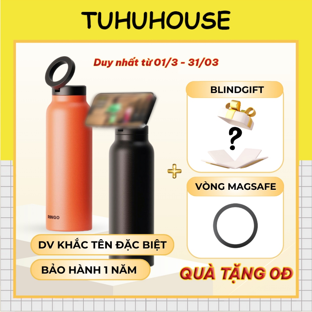 Bình giữ nhiệt Magsafe nắp nam châm 710ml, bình nước Ringo inox 304 từ tính làm giá đỡ điện ...