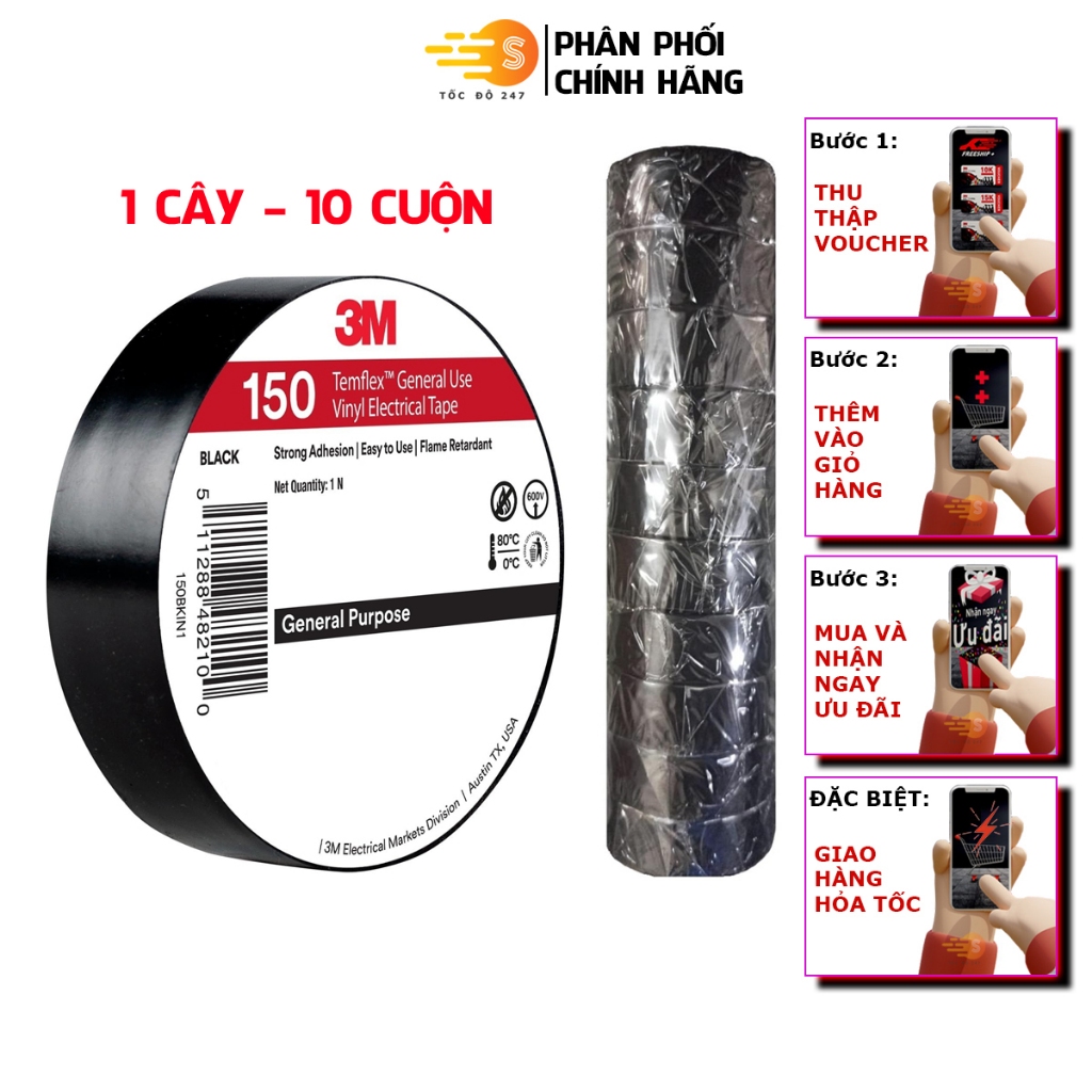 Băng keo điện PVC 3M Temflex 150 18mm x 20m 3M-BK150 - Chống cháy, cách điện tốt, chịu nhiệt cao ...