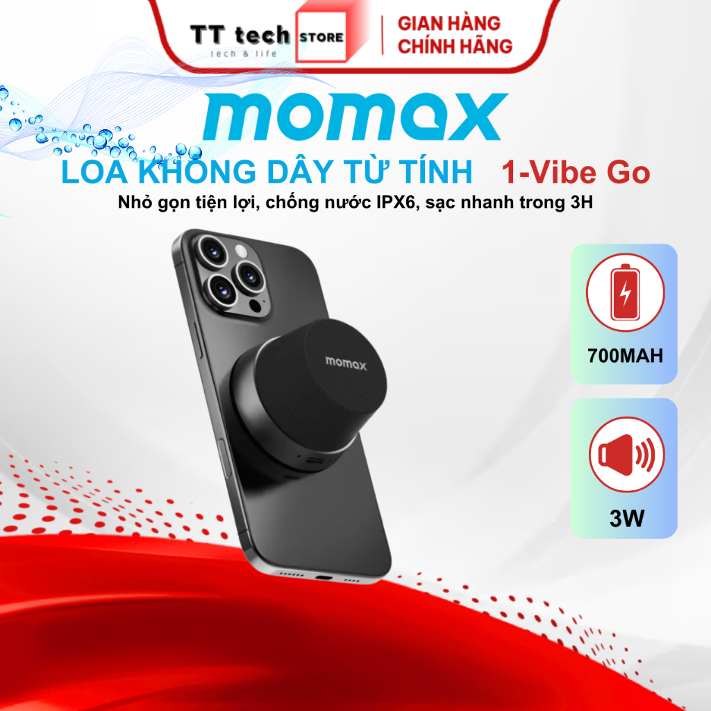 Loa Bluetooth không dây hít từ tính MOMAX 1-Vibe Go BS6 - BS7, 3W Chống Nước IPX6, Chơi nhạc đến ...