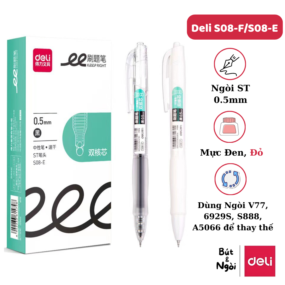 Bút mực gel Deli S08-E/F ngòi 0.5mm màu đen/đỏ ngòi ST nhanh khô dùng cho học sinh sinh viên ...