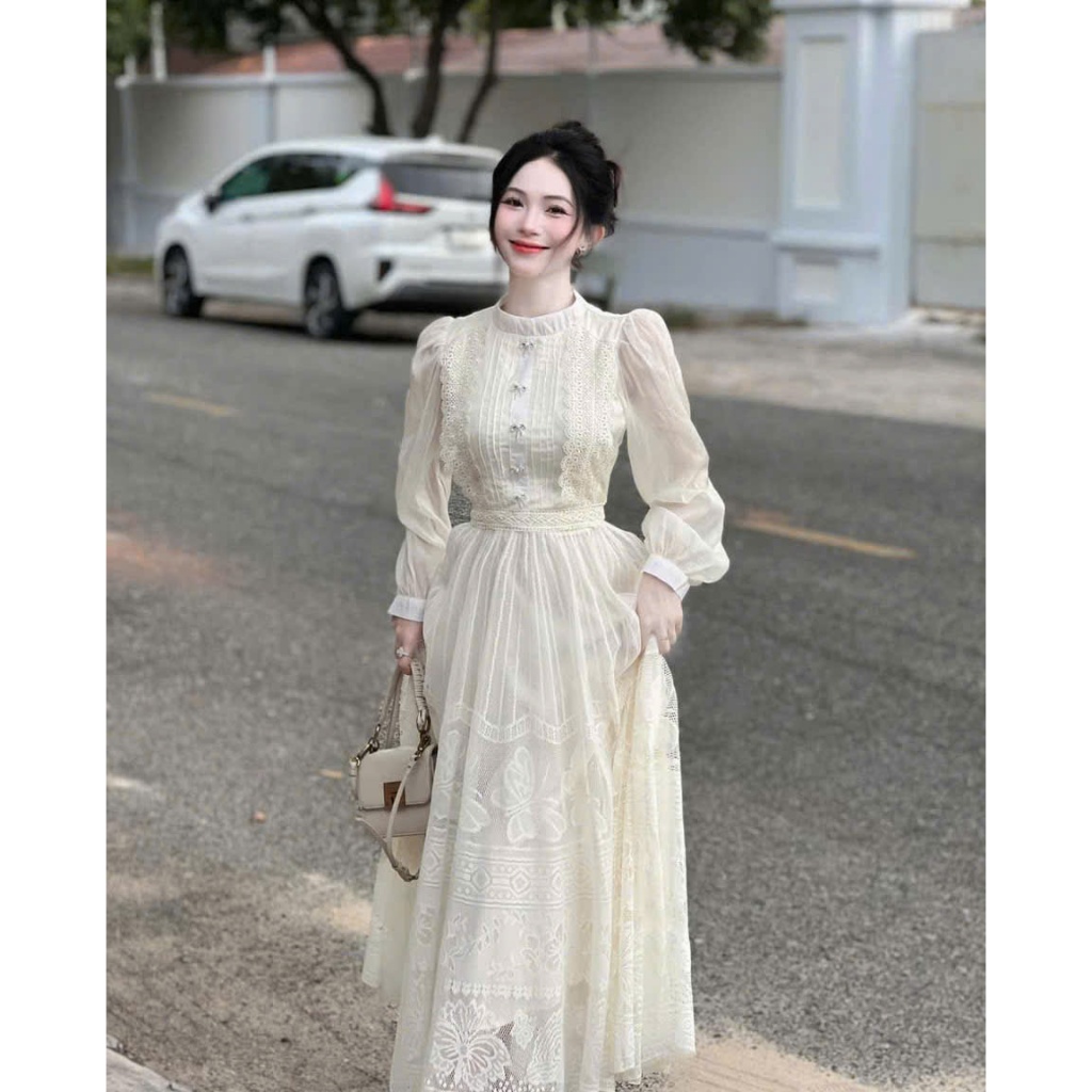 BIGSIZE HIẾU HIẾU (55-95KG) - Váy voan voa phối ren tay dài dáng maxi ...