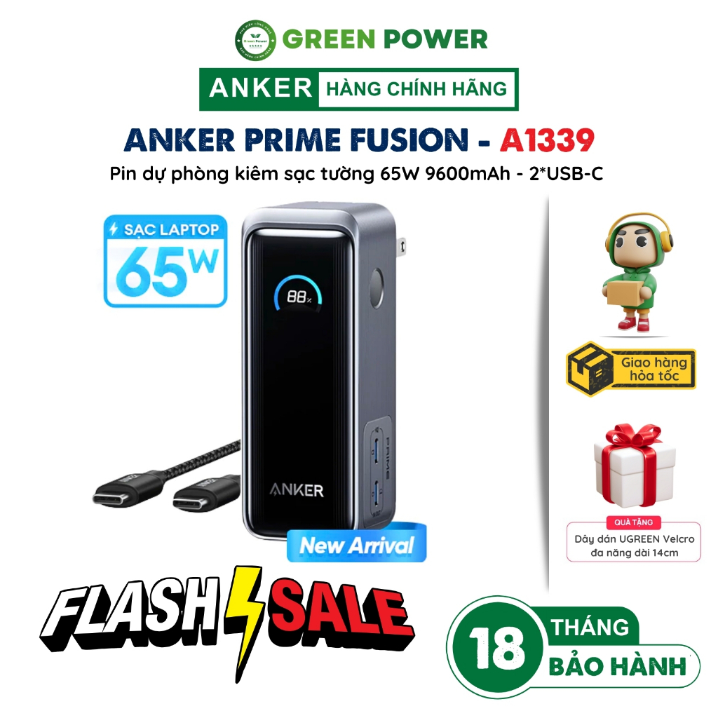 Pin Sạc Dự Phòng Kiêm Sạc Tường ANKER Prime Fusion 9.600mAh 65W | 2 cổng USB-C kèm cáp (CtoC 3,3 ...
