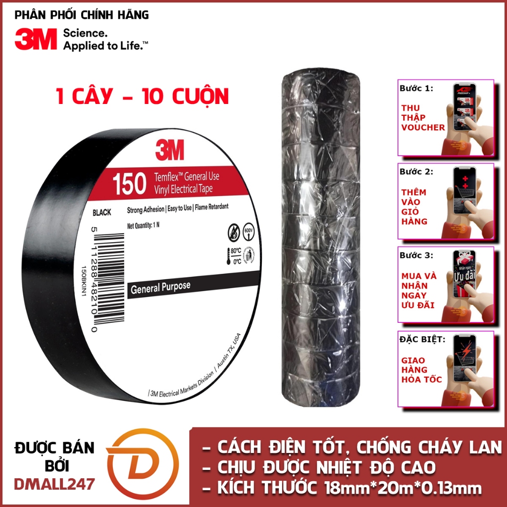 10 cuộn băng keo điện PVC 3M Temflex 150 18mm x 20m 3M-BK150 - Chống ...
