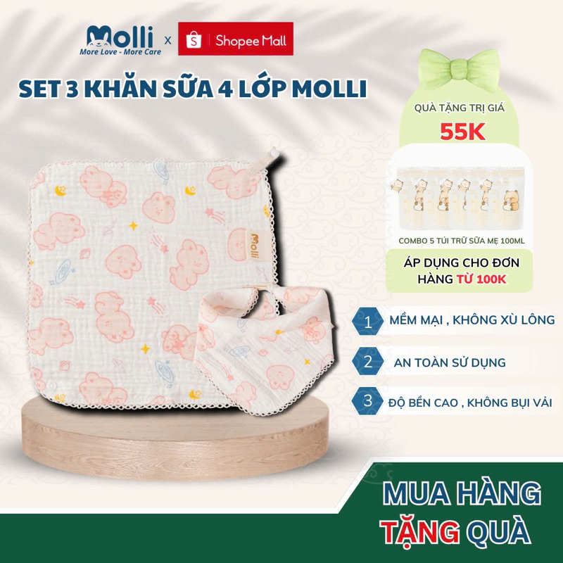 Set 3 Khăn ( Yếm ) Xô Muslin 4 Lớp Molli Kích Thước 25x25cm , Vừa Làm Yếm Vừa Làm Khăn MOL2016 ...