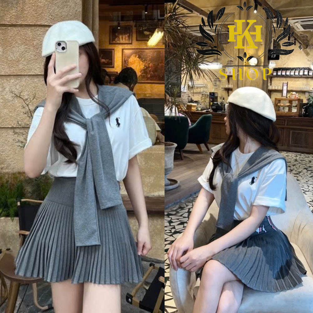 Set váy nữ Set đồ nữ áo thom kèm chân váy xếp ly ngựa tặng kèm khăn đồ ...