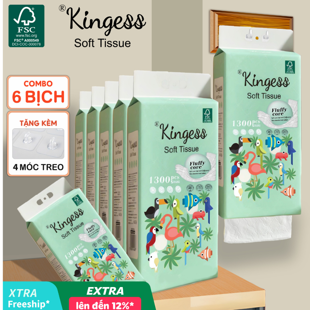 Khăn giấy cao cấp KINGESS 6 bịch, giấy rút treo tường 1300 tờ 5 lớp ...