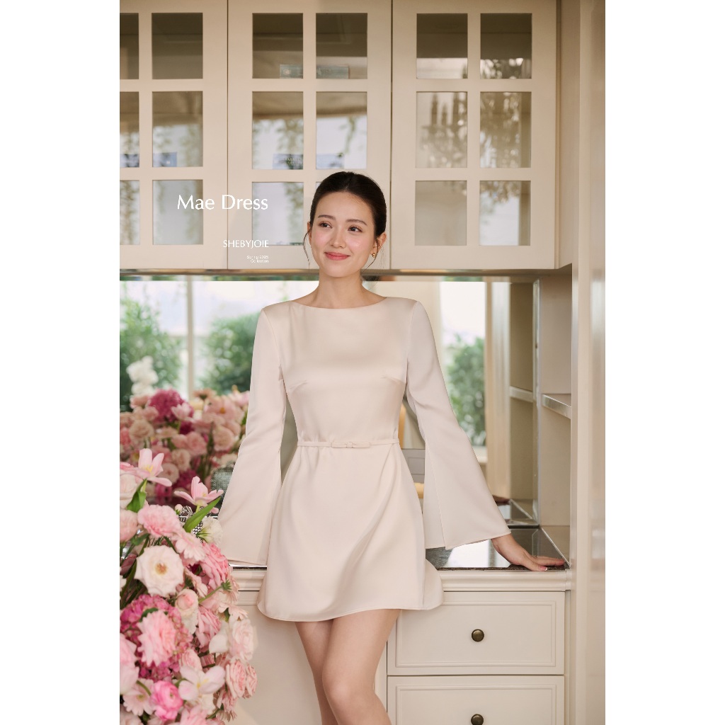 JOIE DES ROSES - Váy lụa cổ thuyền tay loe phối đai nơ Mae Dress | Shopee Việt Nam