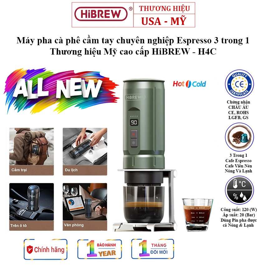 Máy pha cà phê cầm tay chuyên nghiệp Espresso có thể pha cả nóng và lạnh HiBREW H4C - Dung lượng ...