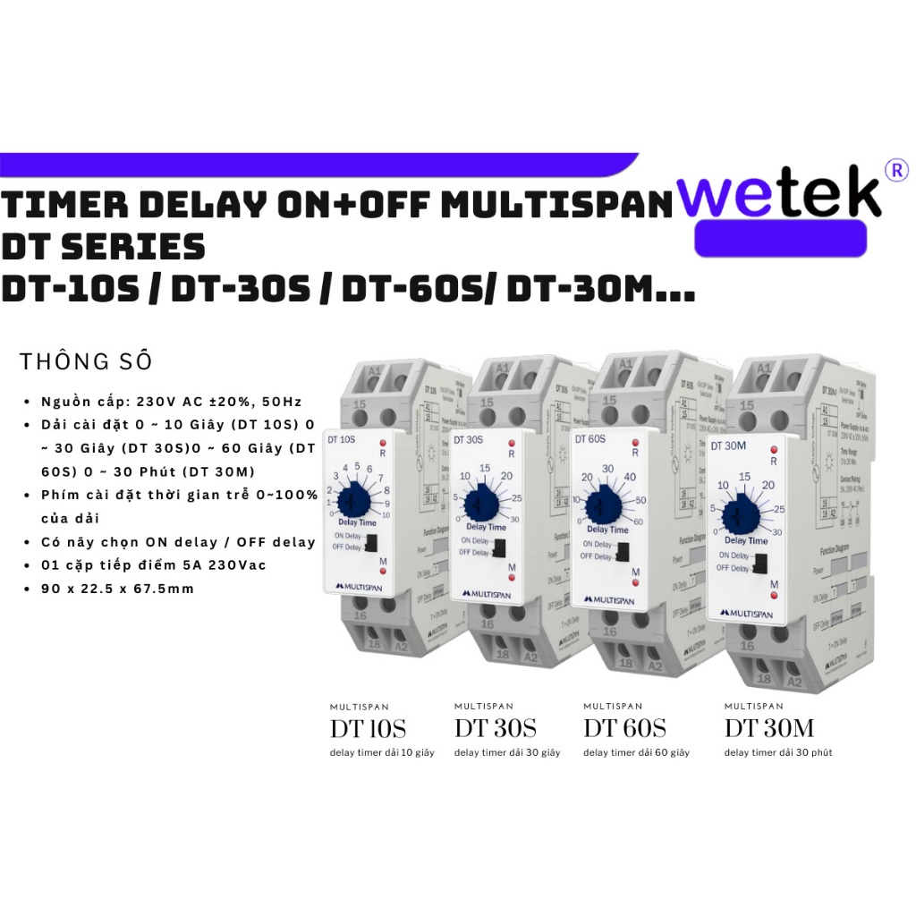 Rơ le thời gian Multispan Ấn Độ DT-10S / DT-30S / DT-60S / DT-30M Timer đóng trễ mở trễ 10s 30s ...