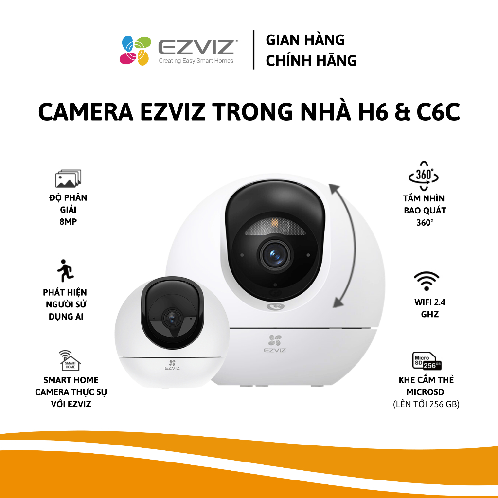 Camera EZVIZ Wifi Trong Nhà C6C 8MP H6 5MP Ống Kính Siêu Nét Xoay 360 Phát Hiện Người Bảo Hành 2 ...