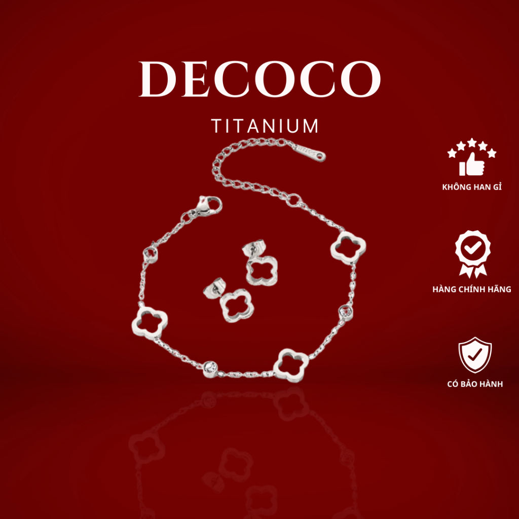 Bộ trang sức lắc tay và hoa tai DeCoco Fortune titan ko đen gỉ cỏ 4 lá ...