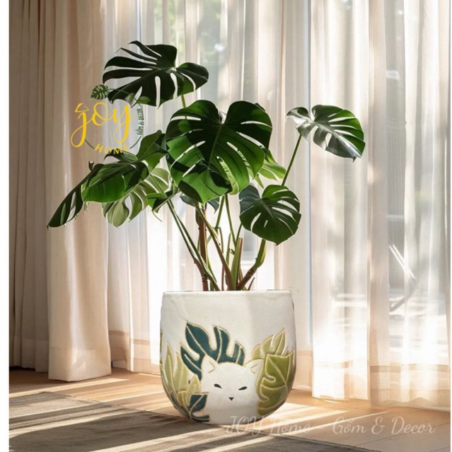 Chậu trồng cây, gốm XK chấm khắc thủ công Cute White Cat in Green ...