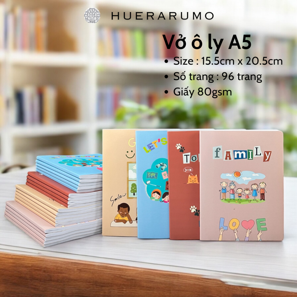 Vở ô ly A5 96 trang HUERARUMO, giấy viết DL 80gsm, in offset, bìa giấy ...
