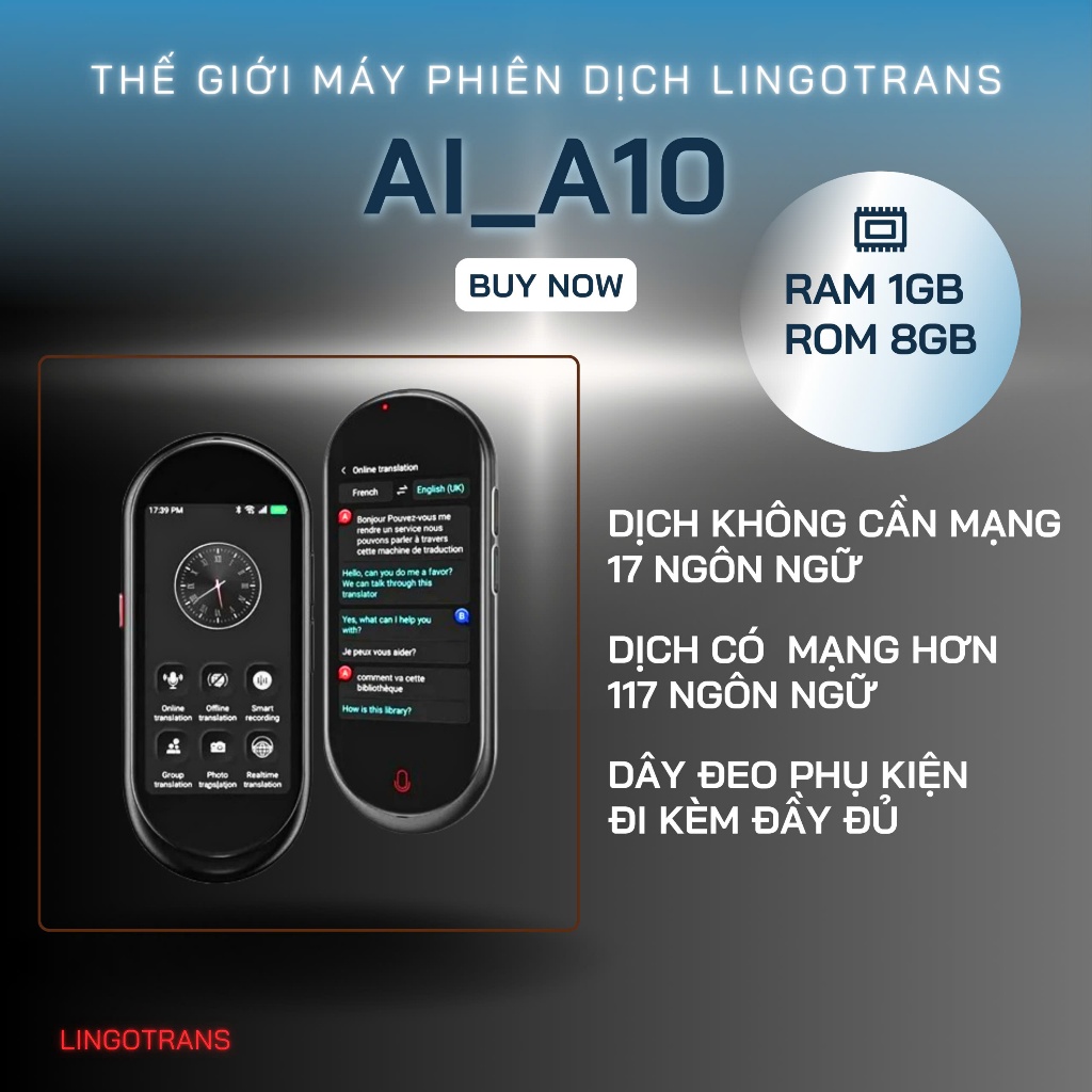 Máy phiên dịch Lingotrans AI_A10 Không cần kết nối mạng Tích hợp Chat GPT thông minh dịch tức ...