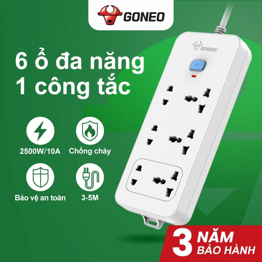 [6 Ổ CẮM] Ổ Cắm Điện Chống Cháy GONEO - 6 Ổ Đa Năng 1 Công Tắc - N1330 - Công Suất 10A/250/2500W ...