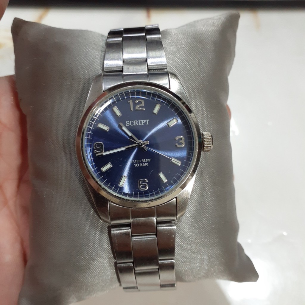 Đồng hồ nam tay nhỏ dây thép Script size 34mm mặt xanh trải tia second ...