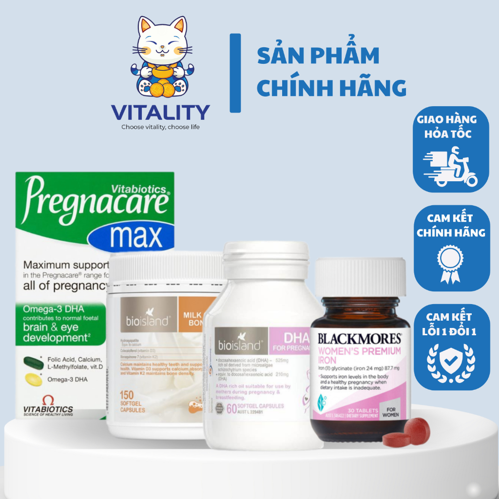 Combo cho mẹ bầu Canxi Bioisland 150v người trưởng thành vitamin bầu Pregnacare Max, DHA ...