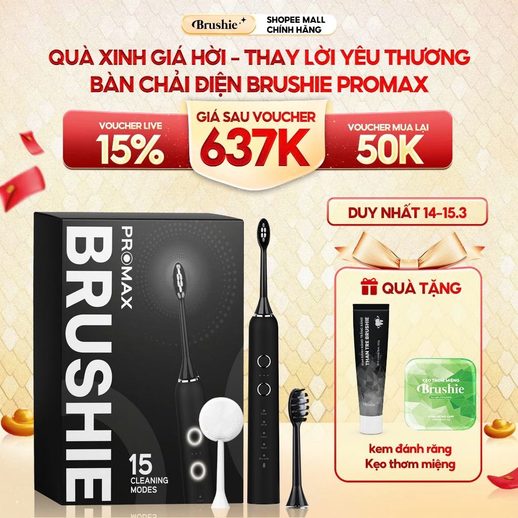 Bàn Chải Điện Brushie PROMAX phiên bản nâng cấp tích hợp máy rửa mặt, phù hợp cho cả người niềng ...