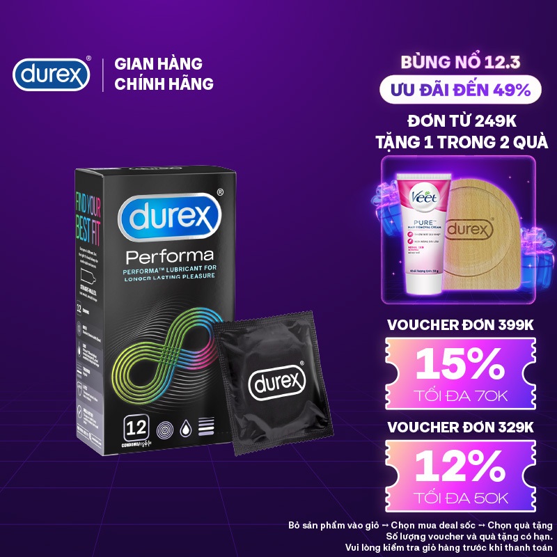 Bộ 3 Durex Performa kéo dài thời gian (52mm, 12bao) + 1 Durex Invisible ...