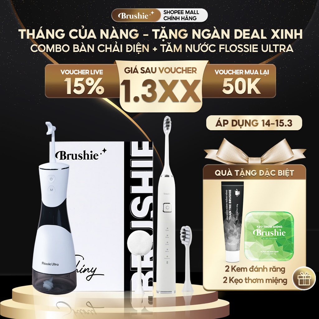 Combo Bàn chải điện cầm tay Brushie 5 chế độ và tăm nước 2 chiều Flossie Ultra chăm sóc răng ...