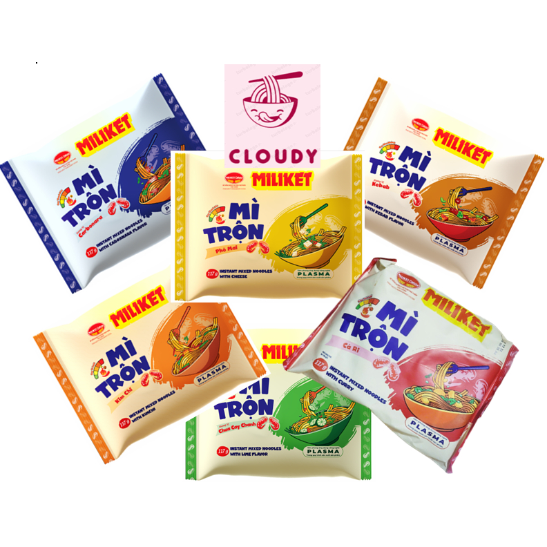 6 gói mì trộn Miliket vị Chua cay chanh, Kim chi, Cà ri, Carbonara, Phô ...
