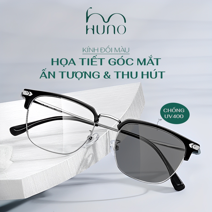 Kính mắt Nam Nữ HUNO, Gọng kính nửa gọng thời trang chất liệu kim loại phối TR90 bền bỉ, tròng ...