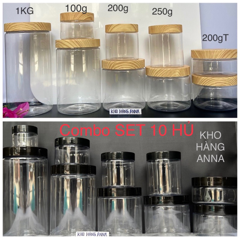 SET 10 HỦ nhựa Lớn Trong suốt NẮP ĐEN / NẮP GỖ màu - Hủ đựng gia vị , thực phẩm 1kg 750g 500g ...