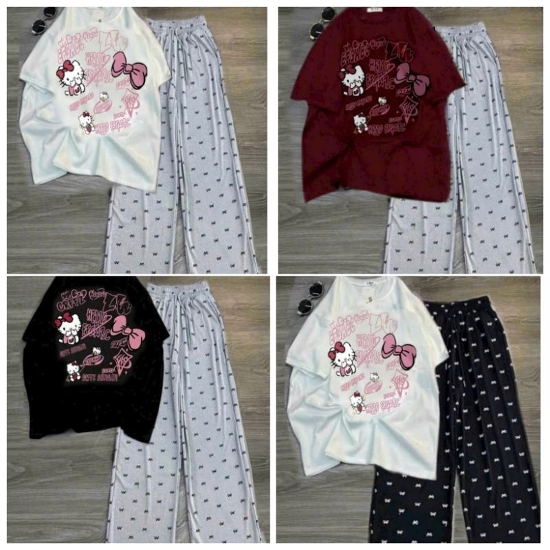 Tổng Hợp Các Sét Quần ống Rộng Họa Tiết Nơ + Mix Áo Phông Mèo Hê Lô Kít TYY Form Rộng Unisex ...