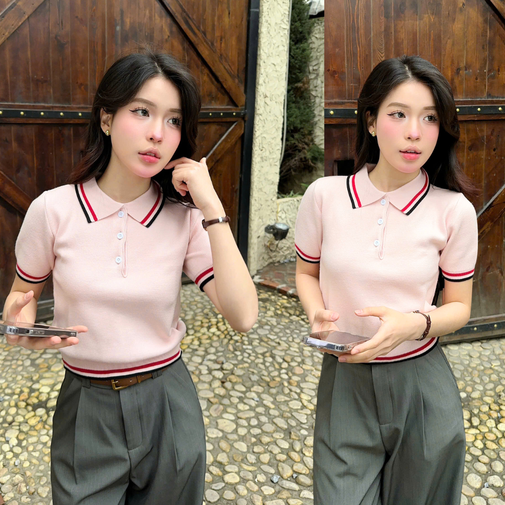 [DELIZ] Áo len ngắn tay polo phối cúc viền line sọc form ôm thanh lịch ...