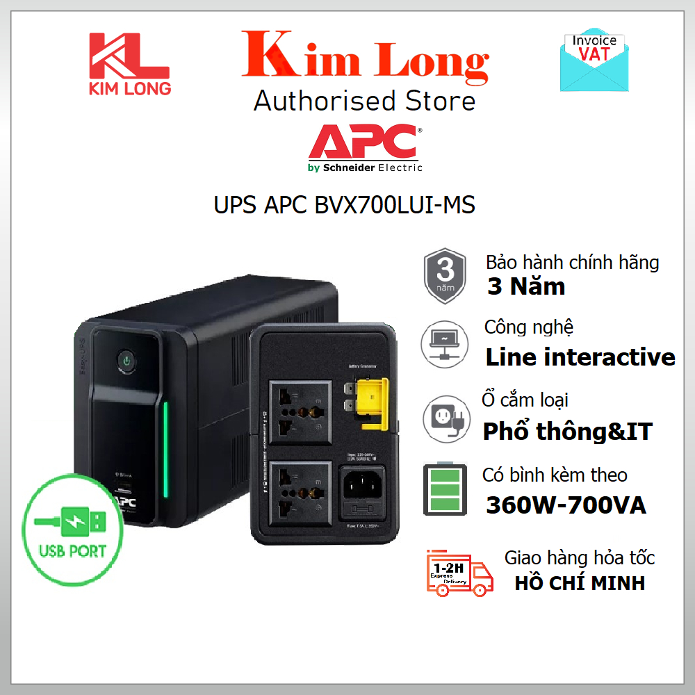 Bộ lưu điện UPS APC BVX700LUI-MS 360W-700VA Bình 12V-7Ah Bảo vệ quá tải ...