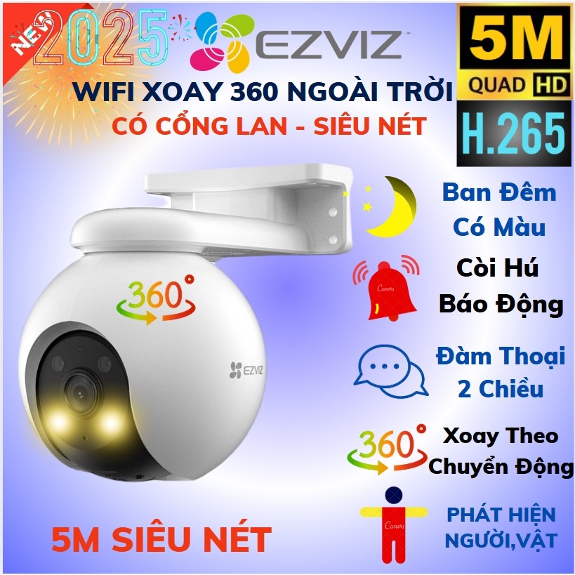 Camera WIFI Ngoài Trời Xoay 360 EZVIZ H8 PRO, H8C, 5MP 3MP 2K 3K SIÊU NÉT Màu Ban Đêm - Chính ...
