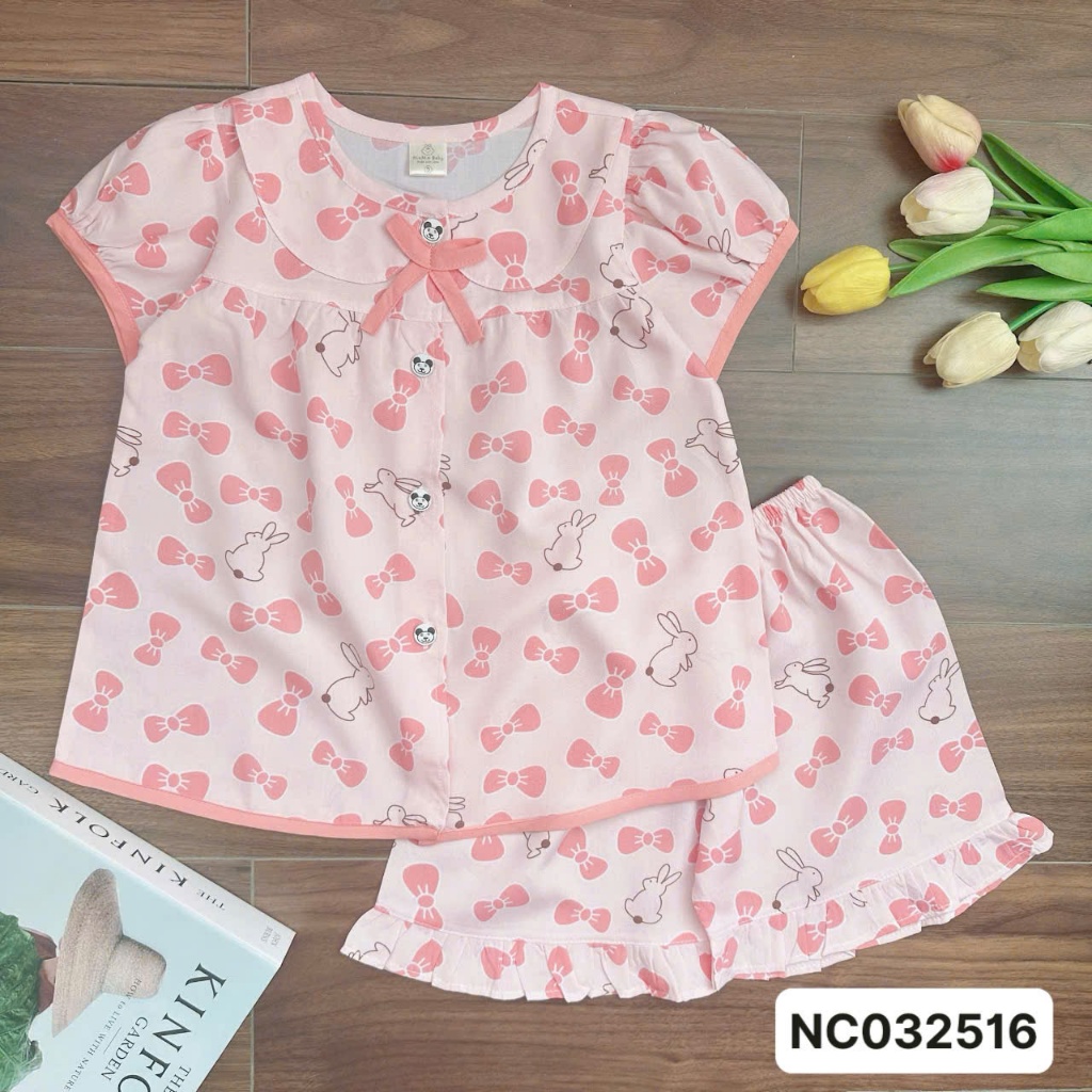 NC032516 Bộ tole đùi tay ngắn quần ngắn cho bé gái 10kg-37kg 2 nơ cài nút với chất liệu tole 2 ...