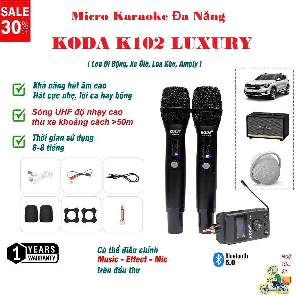 Micro Karaoke Không Dây KODA K102 LUXURY - Tích Hợp Pin Sạc, Echo Reverb và Bluetooth 5.0, Vỏ ...