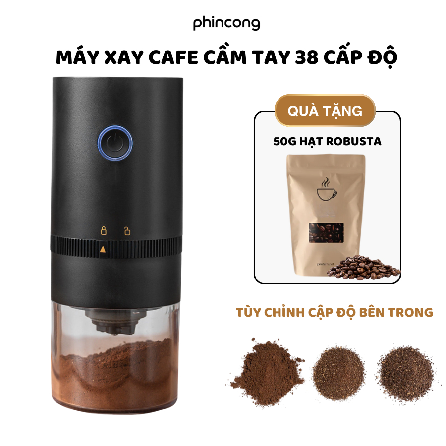 Tặng 50g hạt Robusta + Máy xay cafe cầm tay tự động - 38 cấp độ tùy chỉnh bên trong, cối xay ...