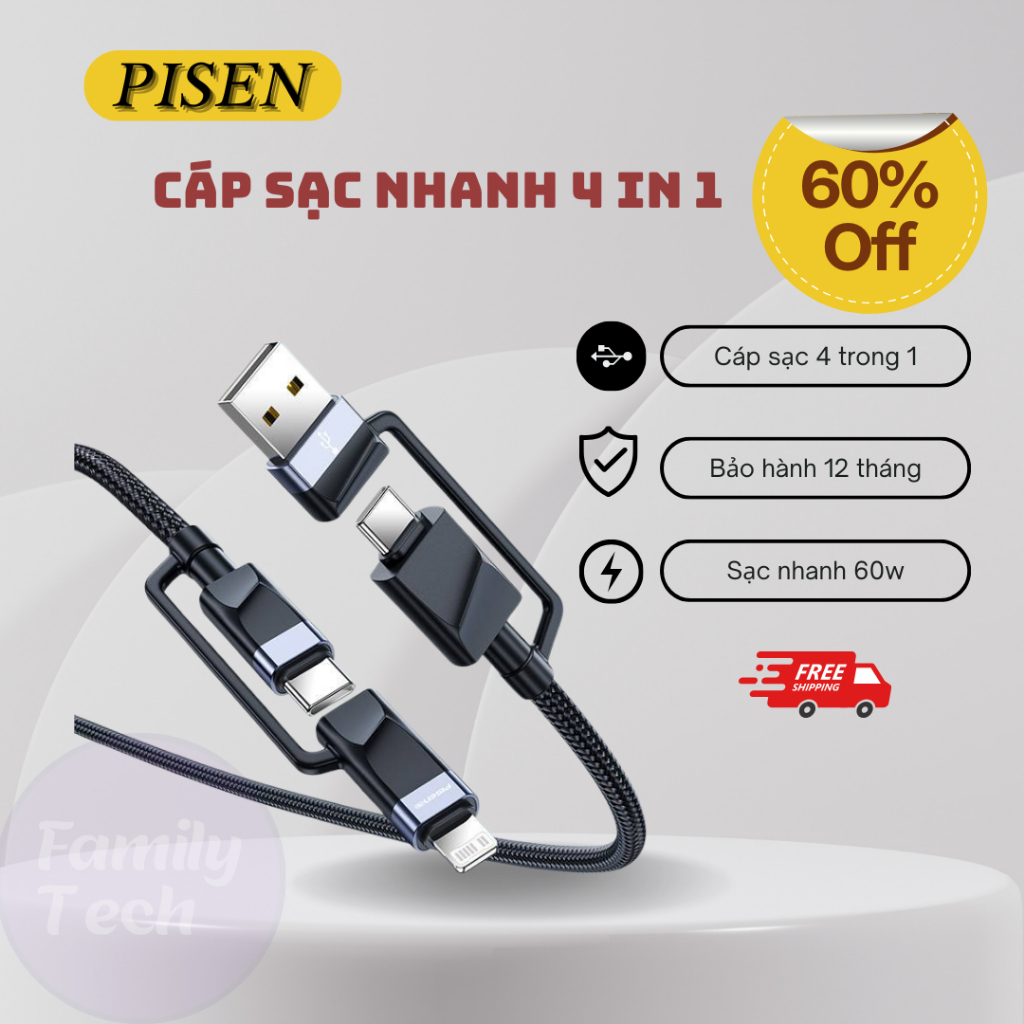Cáp PISEN Quick 4-in-1 3A Aluminum shell braided 1200m, model: LT-AP02 ...