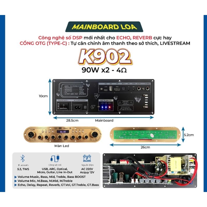 Mạch Loa Kéo K902_180W, 2 Kênh ( Bản nâng cấp của Mạch K18, nhiều tính ...
