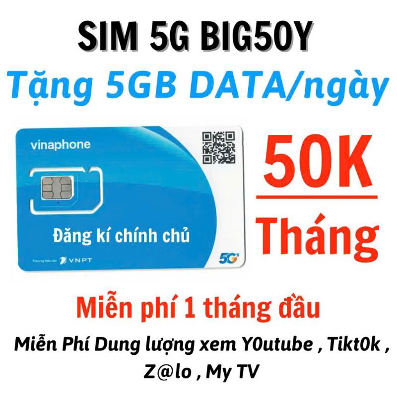 SIM TỶ GB BIG50Y CỦA NHÀ MẠNG VINAPHONE(MIỄN PHÍ TIKTOK,YOUTUBE,MYTV)5GB/NGÀY | Shopee Việt Nam