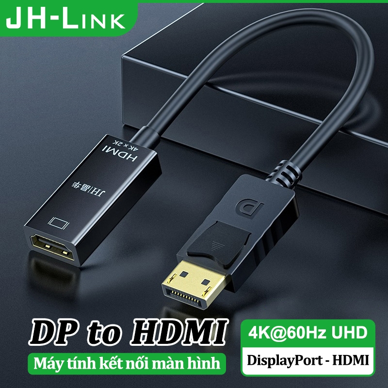 JH-LINK DP đến HDMI Bộ chuyển đổi DP to HDMI Dòng chuyển đổi 4K*2K/60Hz HDR Máy tính kết nối với ...