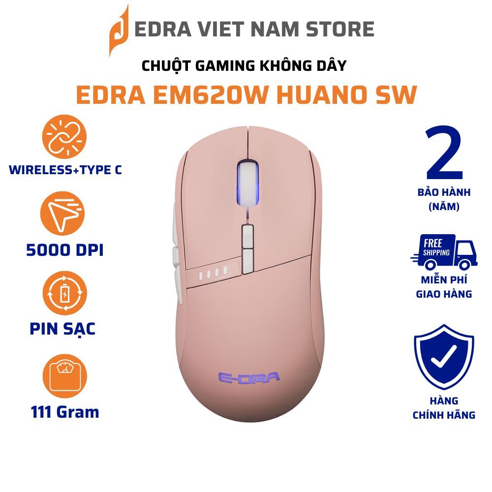 CHUỘT GAMING KHÔNG DÂY EDRA EM620W HỒNG (USB/RGB/Avago3325/Huano sw ...