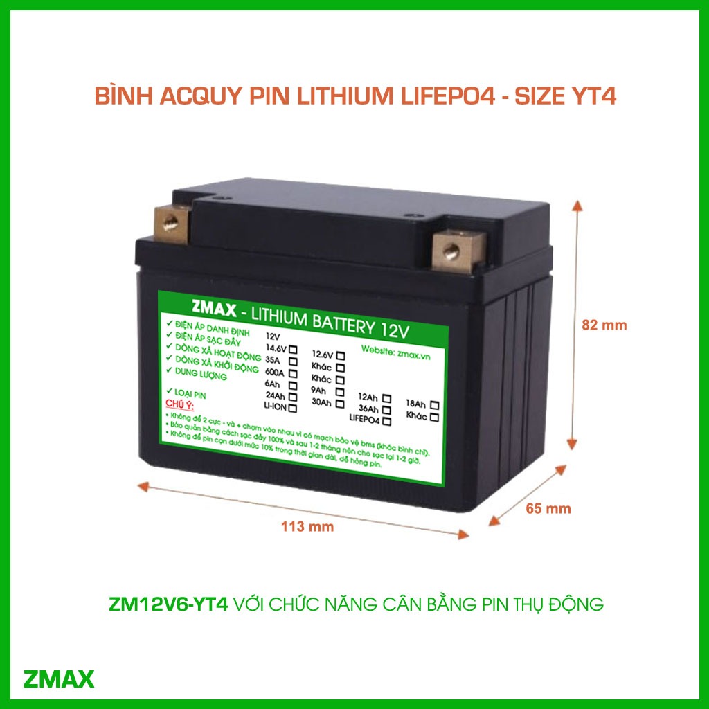 Bình Acquy ZMax Pin Lithium LifePO4 12V 6ah, ZM12V6-YT4 Dùng Cho Xe Máy ...