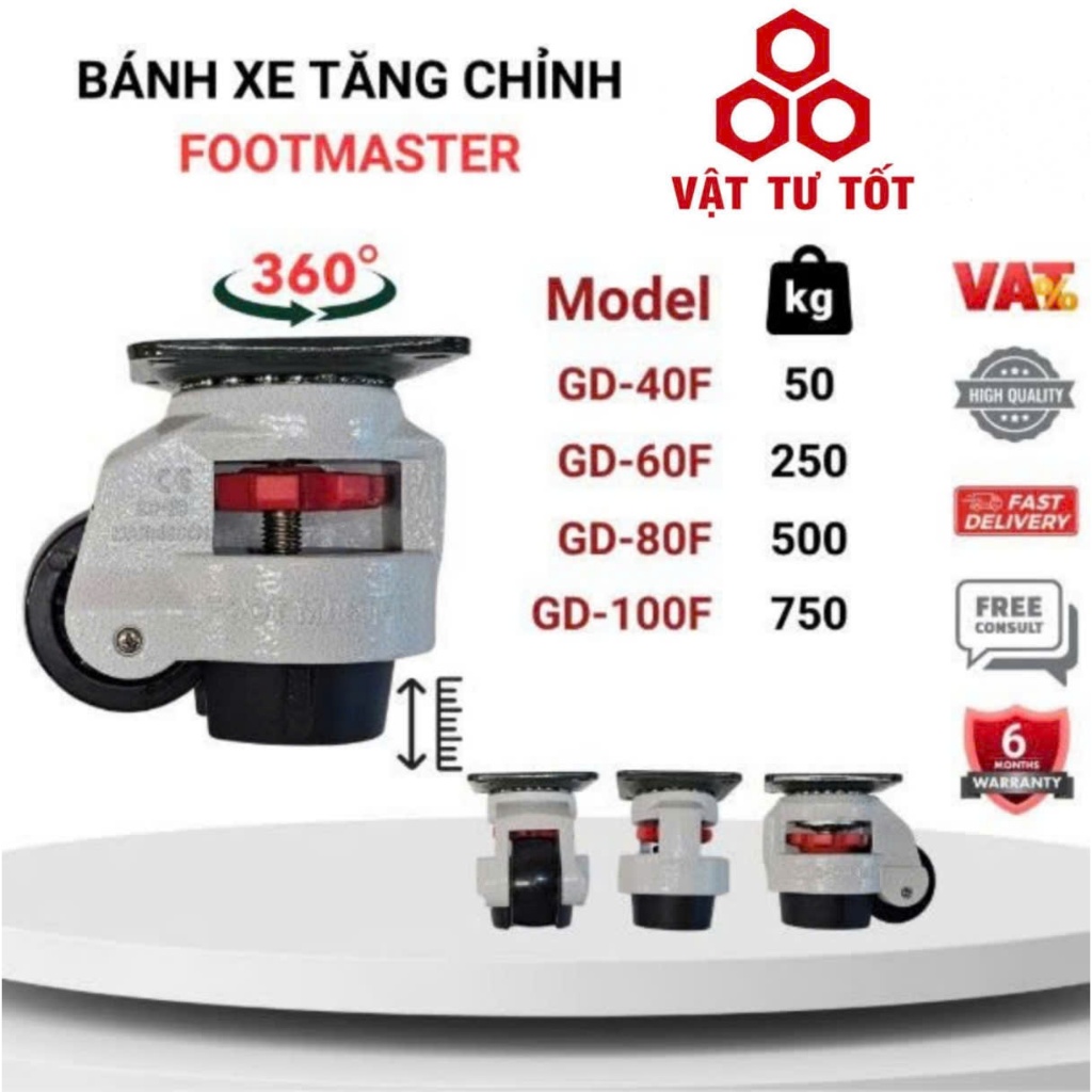 Bánh xe tăng chỉnh Foot Master GD-40F, 60F, 80F, 100F, 120F tải trọng 50~1000kg/1 bánh | Shopee ...