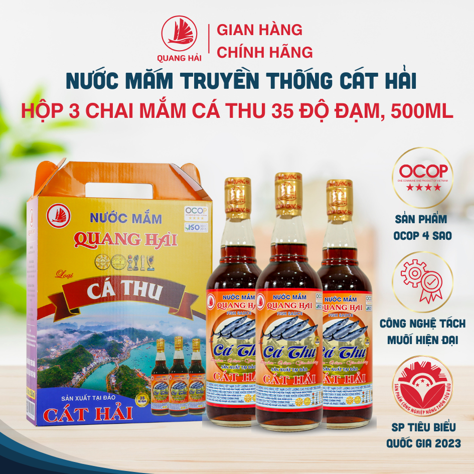 [Hộp 3 Chai] Nước Mắm Cá Thu Cát Hải - Quang Hải 35 Độ Đạm, OCOP 4 Sao, Chai 500ml, Đậm Truyền ...