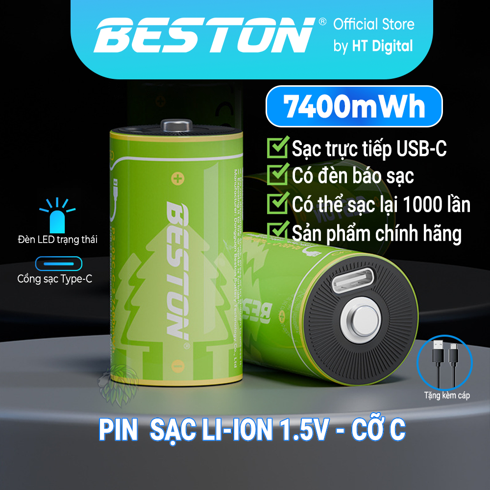 2 Pin đại D, Pin Trung C 1.5V Beston 7400mWh Lithium sạc lại cổng sạc ...
