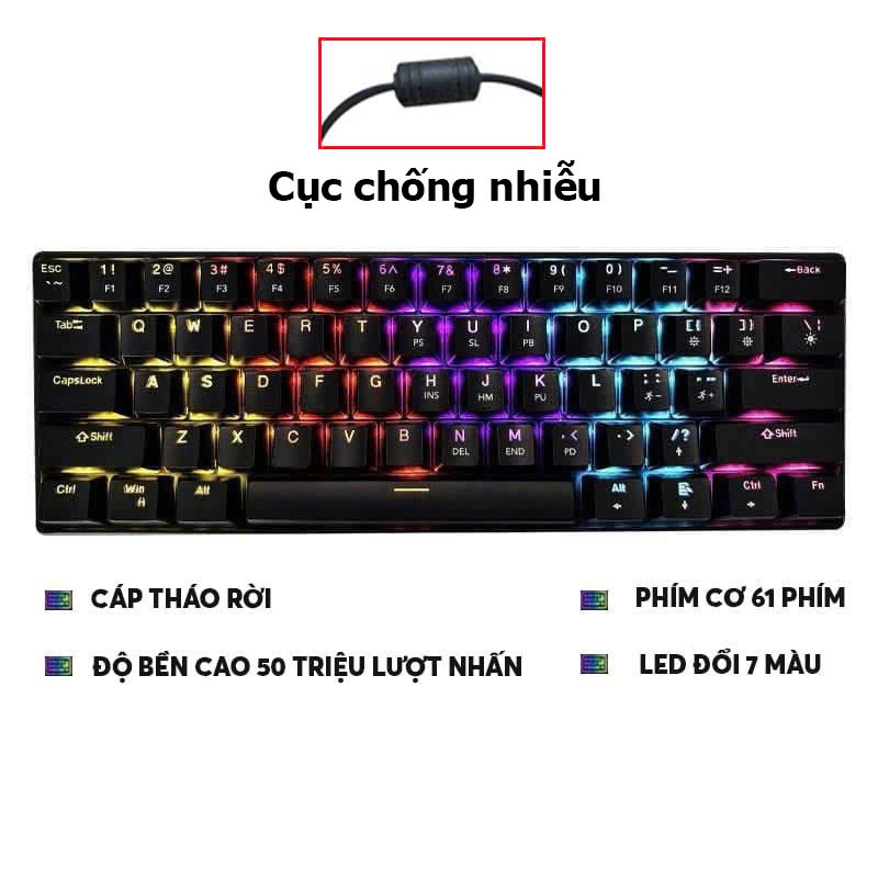 Bàn phím cơ Gaming K61 LED RGB blue switch có cục chống nhiễu hỗ trợ ...